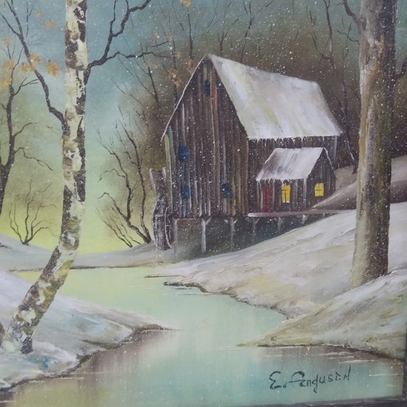 Art | Vintage Oil On Boardrustic Cabin In Wintersigned | Poshmark